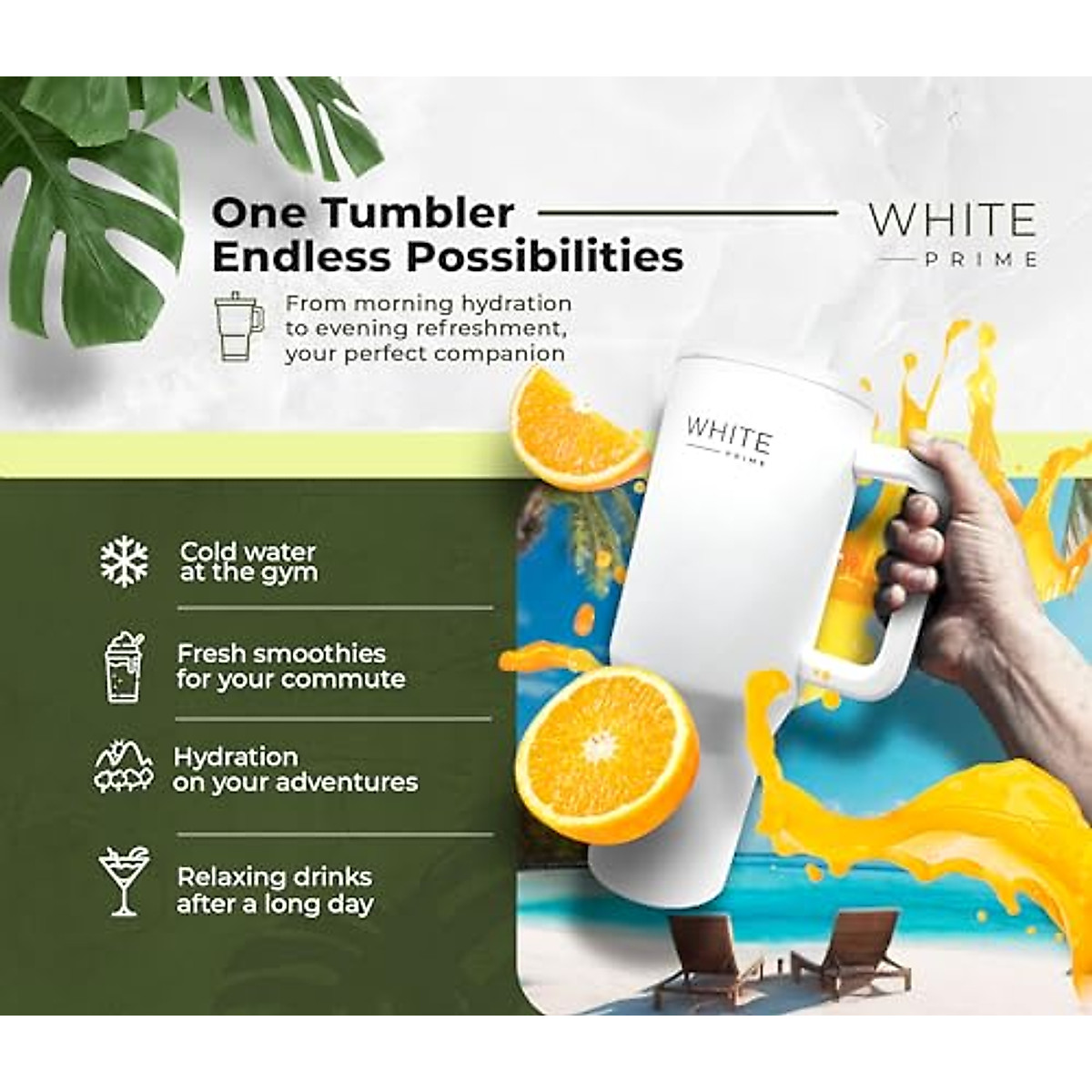 WHITE Prime 40 oz Tumbler | 100% Leak Proof | Simple Elegant Modern | Stainless Steel Double Wall Tumbler with handle | Reusable Water Bottle | Cupholder Friendly | Drinkware Flasks