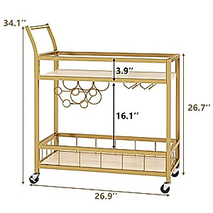 Furmax Home Industrial Serving Mobile Bar Cart on Wheels with Wine Rack and Glass Holder 2 Wood Storage Shelves for Living Room, Kitchen, Party (Gold)