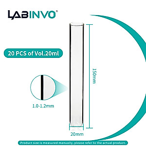 LABINVO 20ml Glass Test Tubes, Thickness 1.0-1.2,20x150mm, Round Bottom Pack of 20,IN-TTG20