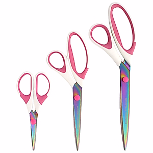 BambooMN Titanium Softgrip Scissors Set for Sewing, Arts, Crafts, Office - 1 set of 3 - White w/Pink Inlays