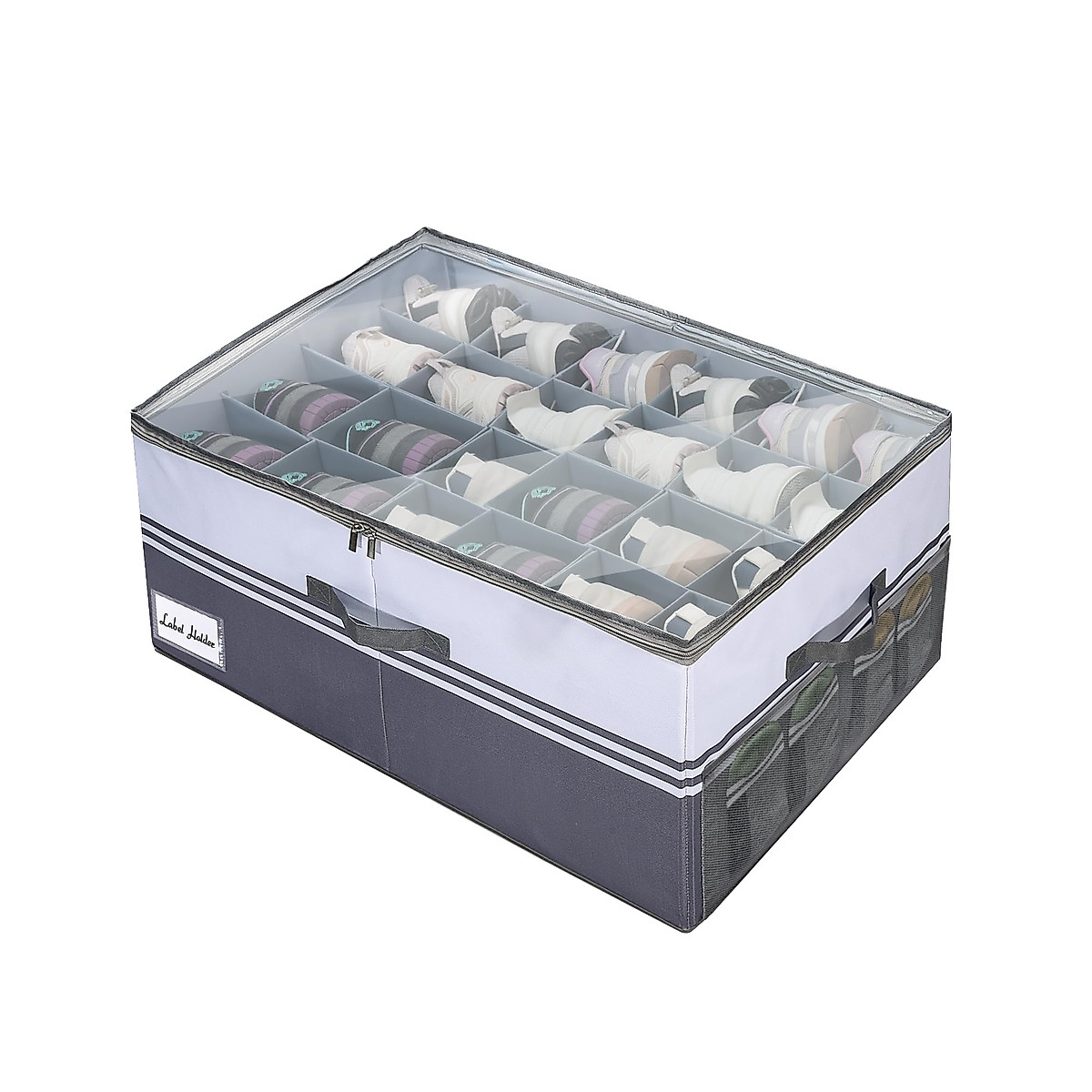 Opvener 24 Pairs Shoe Organizer for Closet, Sandal Storage Organizer, Large Foldable Shoe Storage Boxes Bin Container With Dividers, Handles, Mesh Pocket, Small Space Fabric Shoe Organizer Cubby Grey