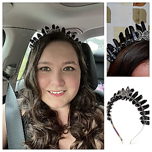 Bubbmi Black Raw Crystal Tiara Crown Headband, Natural Quartz Moon Goddess Witch Headpiece for Wiccan Cosplay Party Headwear