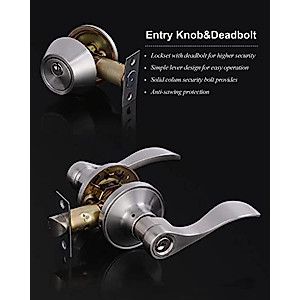 Keyed Alike Front Door Lever Lockset with Single Cylinder Deadbolt Combination Set, Exterior Door Knob with Lock and Deadbolt, Satin Nickel Finished Door Lock