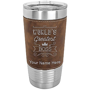 LaserGram 20oz Vacuum Insulated Tumbler Mug, World's Greatest Boss, Personalized Engraving Included (Faux Leather, Rustic)