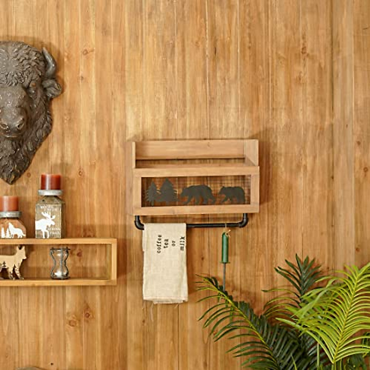 Synovana Cabin Style Hanging Towel Rack with Bar Farmhouse Wooden Floating Shelf Bear Wall Decor Rustic Wall Mounted Storage Towel Rack for Bathroom Kitchen Living Room Home Decor