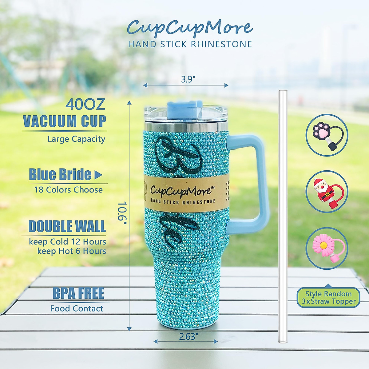 Cupcupmore 40oz Print Bling Rhinestone Stainless Steel Sippy Tumbler Glitter Vacuum Insulated Water Bottle with Straw & Lid &Handle,Thermos for Hot & Cold Drinks,Car Cup Holder (Bride Blue, 40 oz)