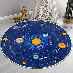 Solar System Kids Area Rug Nursery Rug Educational Galaxy Mat Learning Soft Carpet Non Skid Crawling Play Rug Boys Activity Mat for Toddler Bedroom Playroom (Round 31.5'' Blue)