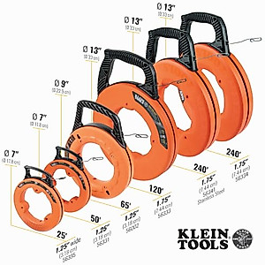 Klein Tools 56331 Electrical Fish Tape, Steel Wire Puller with Double Loop Tip, Optimized Housing and Handle, 1/8-Inch x 50-Foot