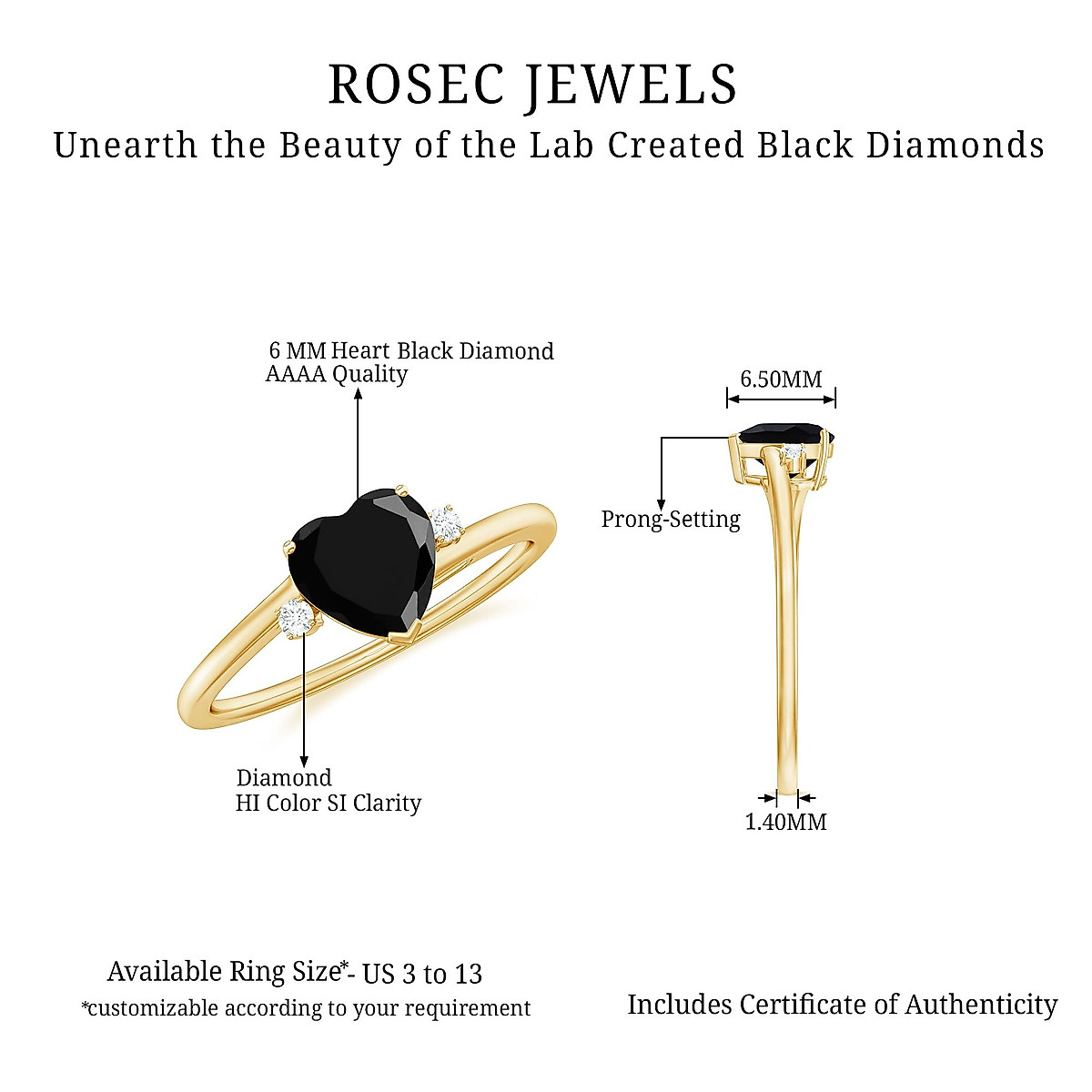 Certified Heart Shape Created Black Diamond Promise Ring for Women with Diamond | 1 Cttw | AAAA Quality, 14K Yellow Gold, Size:US 5.50