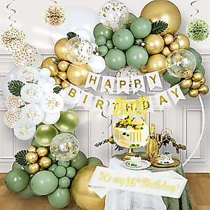 GYESXYW Sage Green 16th Birthday Decorations for Girls, Olive Green and Gold Sweet 16 Party Decorations Set, Happy Birthday Banner, Birthday Sash, Crown, Confetti Balloons for Her Party Supplies