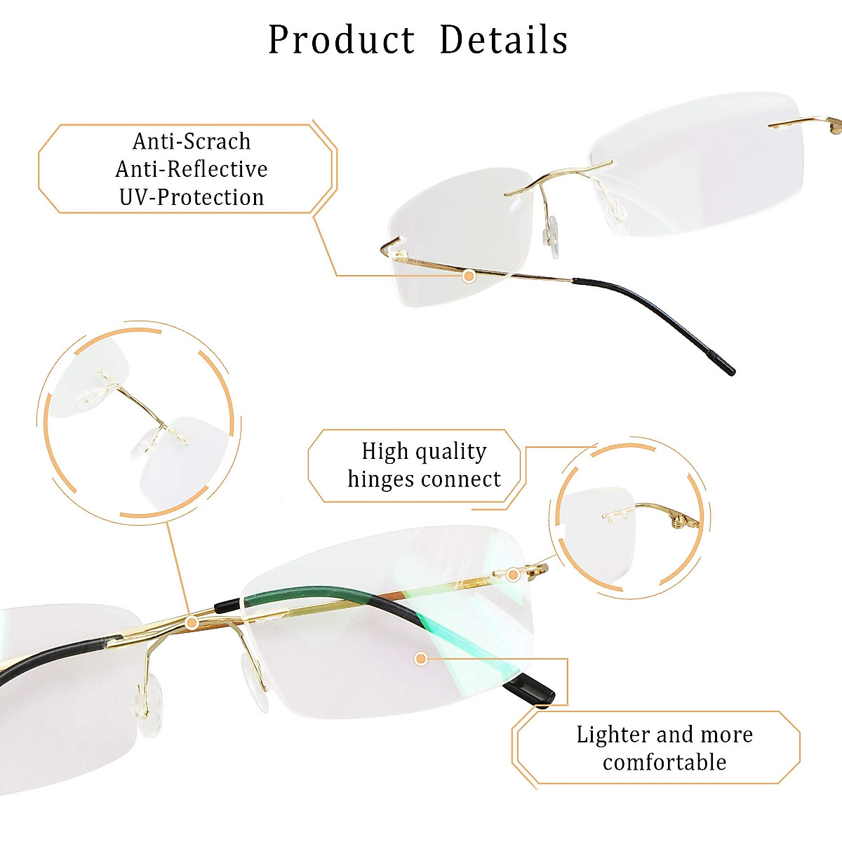 LifeArt Blue Light Blocking Glasses, Computer Reading Glasses, Anti Blue Rays, Reduce Eyestrain, Rimless Frame Tinted Lens with Diamond, Stylish for Men and Women (Golden, No Magnification)