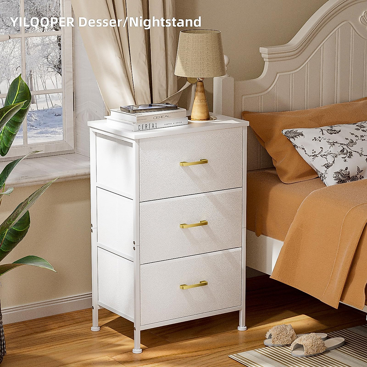 Night Stand, Nightstand with 3 Drawers, Fabric Kids Bedside Table Storage Organizer for Small Space, Bedroom, White Nightstand with Sturdy Structure, Modern Faux Leather End Table, White