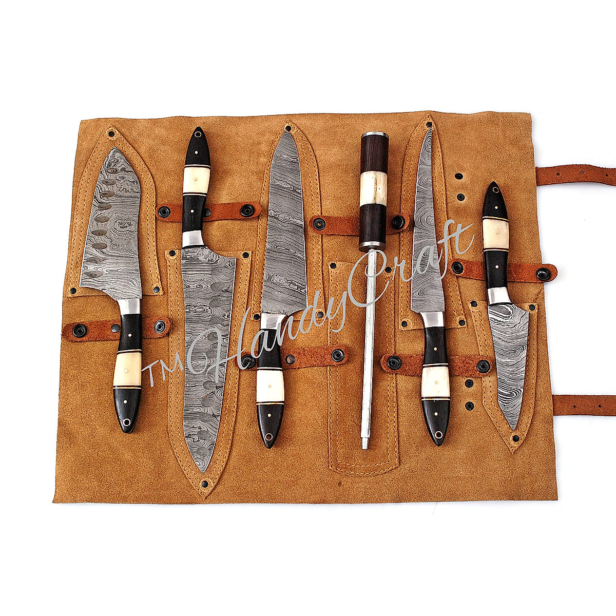 HandyCrafts Hk71 Damascus Chef knife set of 6 pieces Professional utility japanese style BBQ Steel with Black American wood and Camel Bone Leather Sheath Cover, HC71, Black/White, 11 x 3 x 2 inches