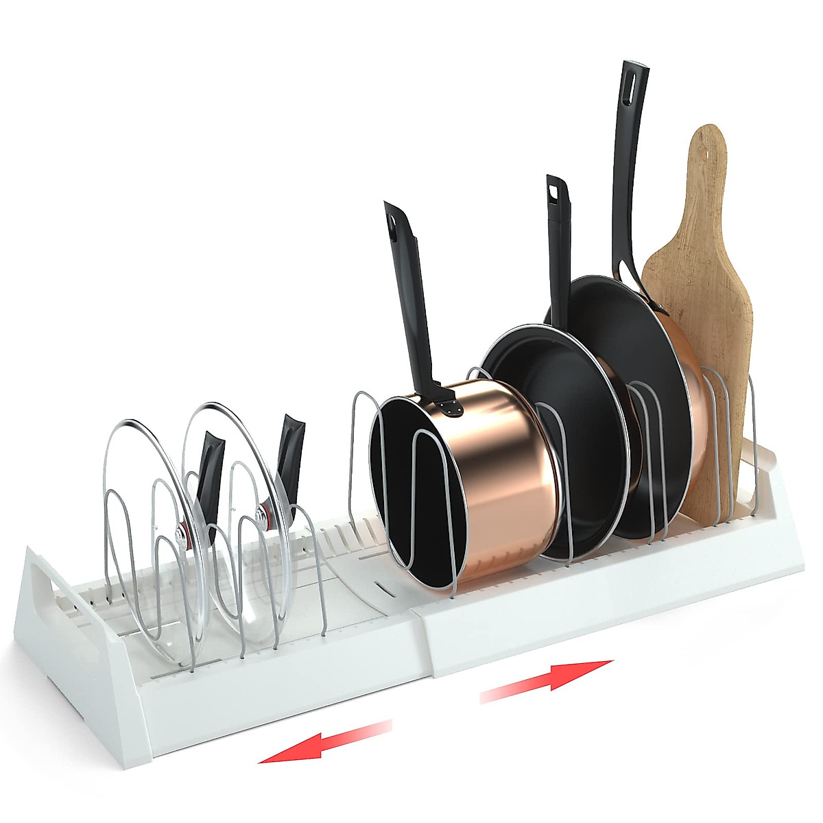 QTOP Expandable Pots and Pans Organizer, Pan Organizer Rack for Cabinet, with 10 Adjustable Compartments for Kitchen Cabinet Pot lid and Pan Cookware Baking Frying Rack,Bakeware Lid Plate Holder