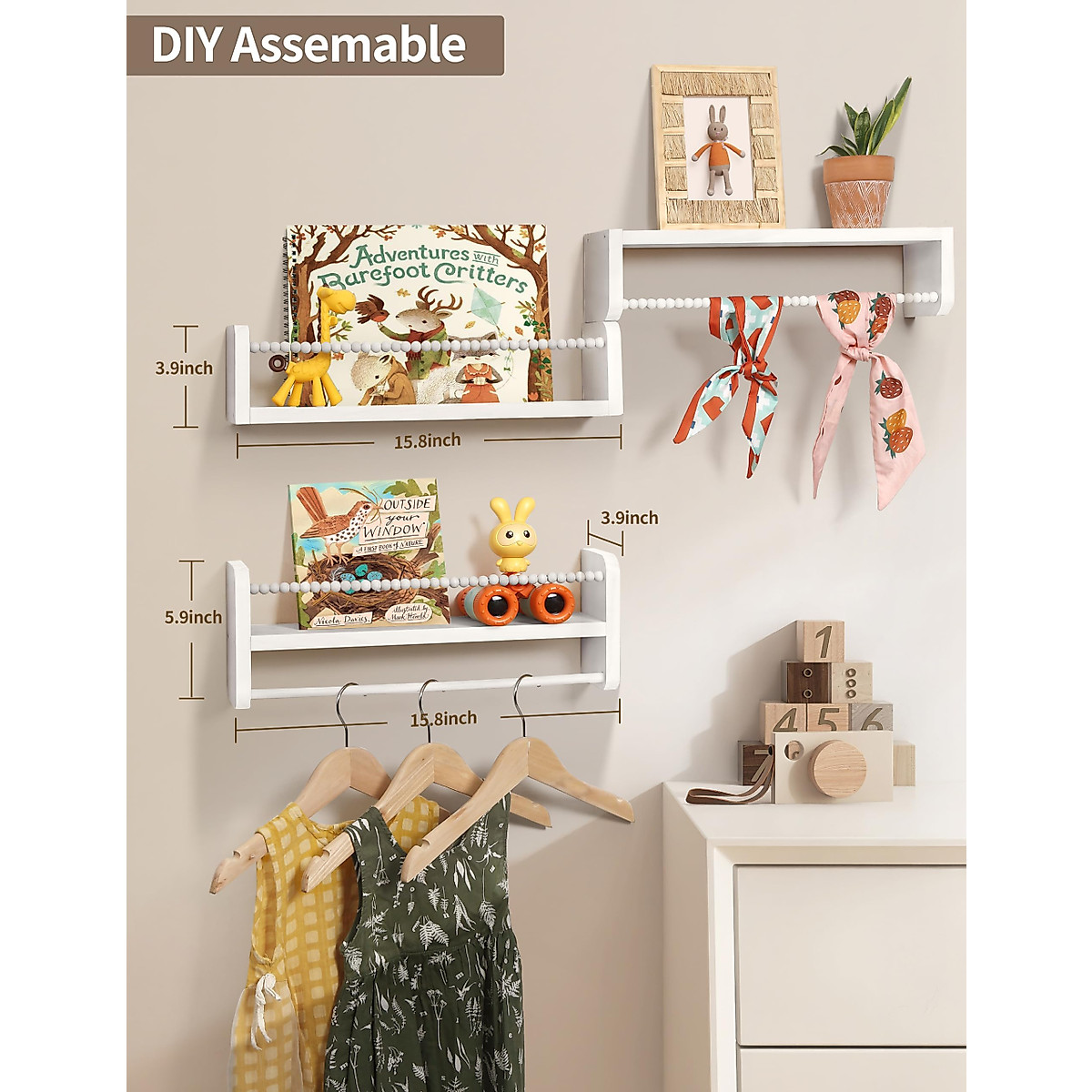 Maxpeuvon Nursery Bookshelves Set of 3, Natural Wood Nursery Floating Shelves Wall Mount Storage Shelf with Towel Bar Hainging Bookshelf for Kids Room Bedroom Nursery Decor