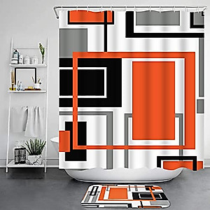 Likiyol 4 Pcs Burnt Orange Shower Curtain Sets with Non-Slip Rugs, Toilet Lid Cover and Bath Mat, Modern Abstract Geometric Shower Curtain with 12 Hooks, Black Grey Bathroom Set