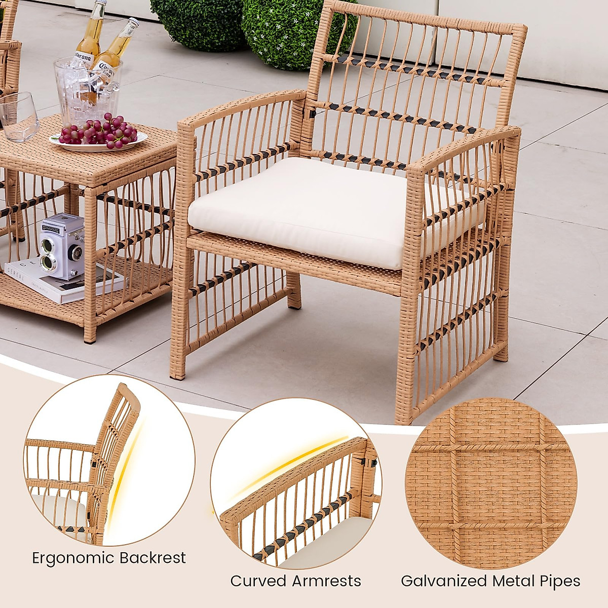 Tangkula 5 Piece Patio Wicker Sofa Set, Outdoor Rattan Conversation Set with Seat Cushions, 2-Tier Coffee Table & 2 Ottomans, Wicker Sofa Set for Backyard, Poolside (Natural)