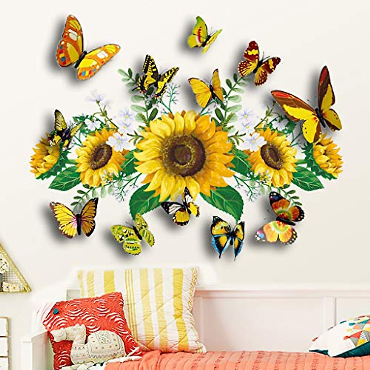 Sunflowers Wall Decal with 12 PCS 3D Colorful Butterfly Wall Stickers for Nursery Bedroom Bathroom Kitchen, Removable Yellow Flower Mural DIY Wall Art Decor Home Decorations for Living Room