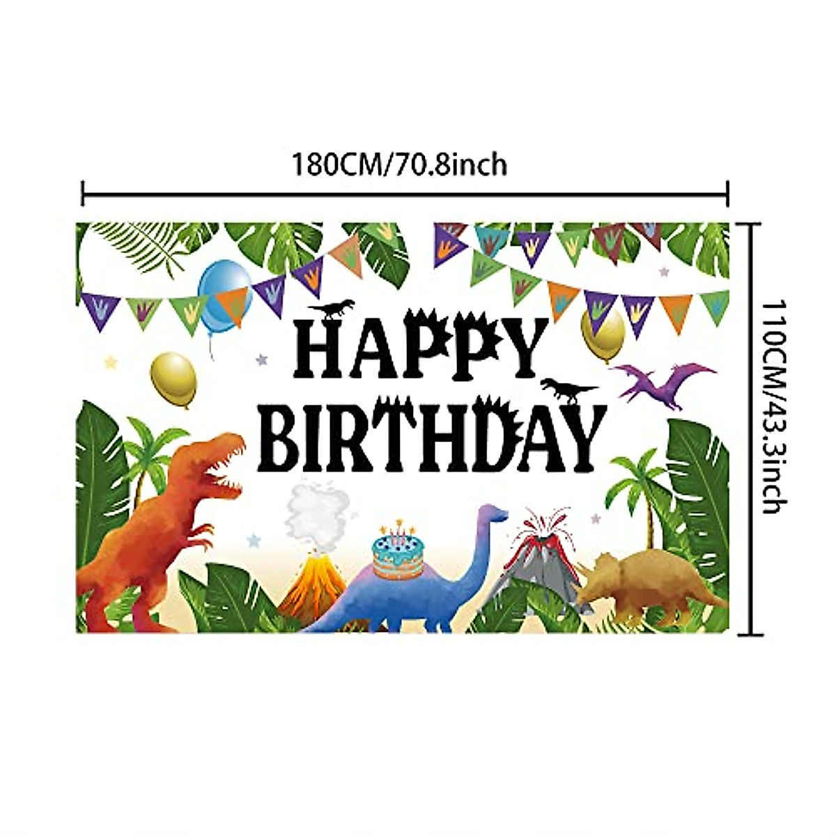Watercolor Dinosaur Happy Birthday Banner Backdrop, 73'' x 43'' Jungle Theme Dinosaur Birthday Party Decoration Supplies Photography Background for Boys