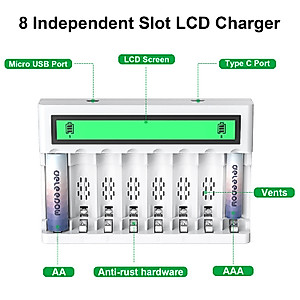 Deleepow AAA Rechargeable Batteries 1.2V 1100mAh 1200 Cycle Nimh Triple A Battery 8 Count with Micro USB and USB-C 2 Charging Port 8 Slot Smart Charger