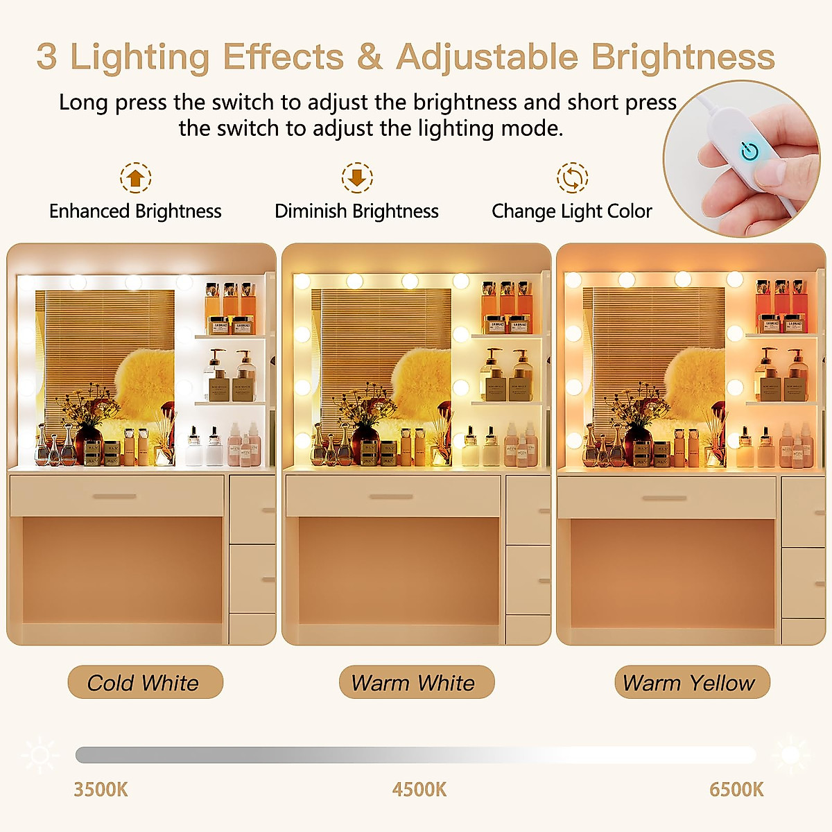 usikey Makeup Vanity with Lights, Vanity Desk with Mirror and 10 LED Lights, Vanity Table Set with 4 Drawers, Cabinet & 4 Necklace Hooks, Dressing Table for Bedroom, White