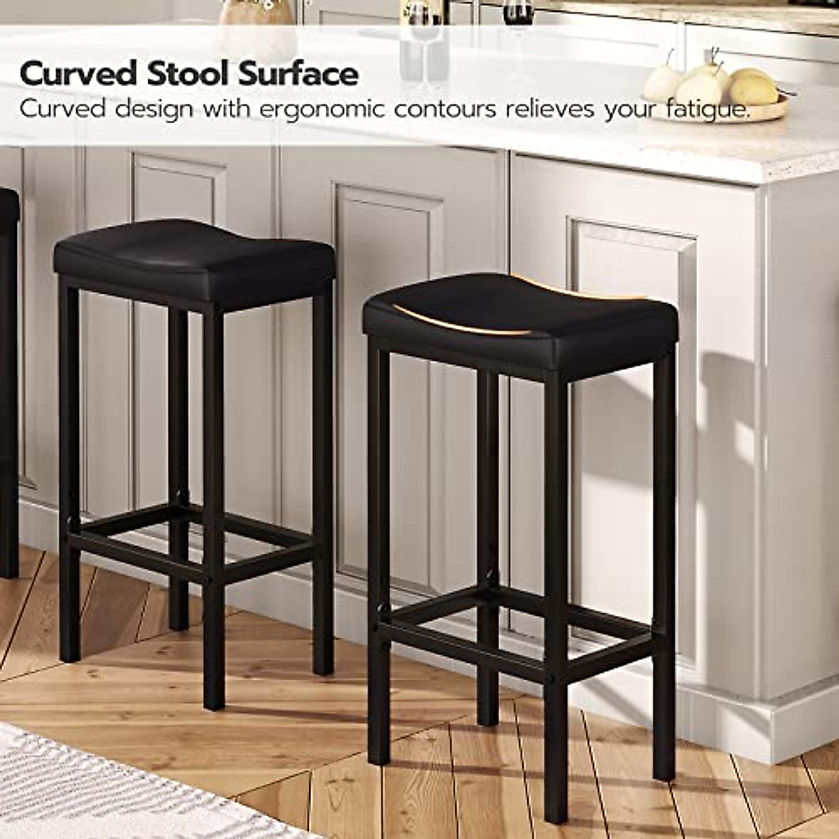 HOOBRO Bar Stools, Set of 2 Bar Chairs, Counter Height Stools, Saddle Stools with Curved Surface, Kitchen Stools, 24.8 Inches, 2.4" Thick Upholstery, for Kitchen, Dining Room, Cafe, Black BB10BY01