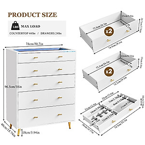 JanflyHome 5 Drawer Dresser for Bedroom Tall, Glass Dresser with 20 Colors LED Lights as Jewelry Organize, Wood Chest of Drawers for Bedroom, Living Room, Cloakroom, Entryway, White