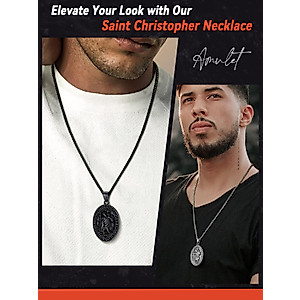 FaithHeart Black St. Christopher Necklace for Men Christian Amulet Jewelry with Stainless Steel Wheat Chain Oval Medal Pendant for Prayer