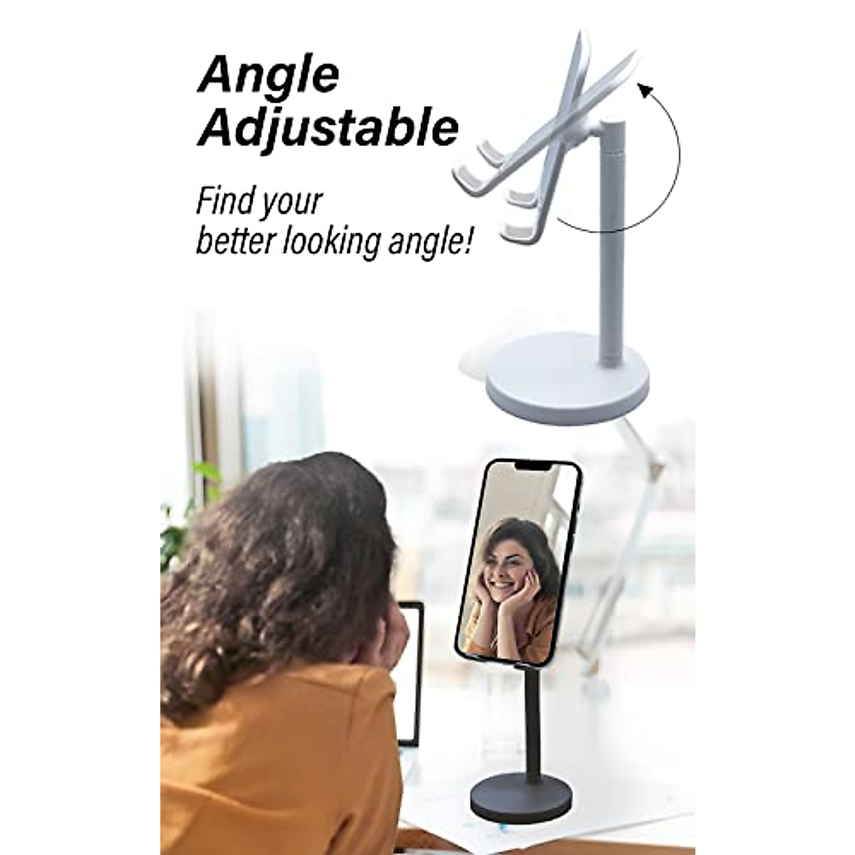 KN FLAX Cell Phone Stand with Mirror Mobile Phone and iPad Holder for Desk with Adjustable View Angle & Height, Handsfree Smart Phone Cradle, Dock for Office Kitchen Traveling Accessories - Black