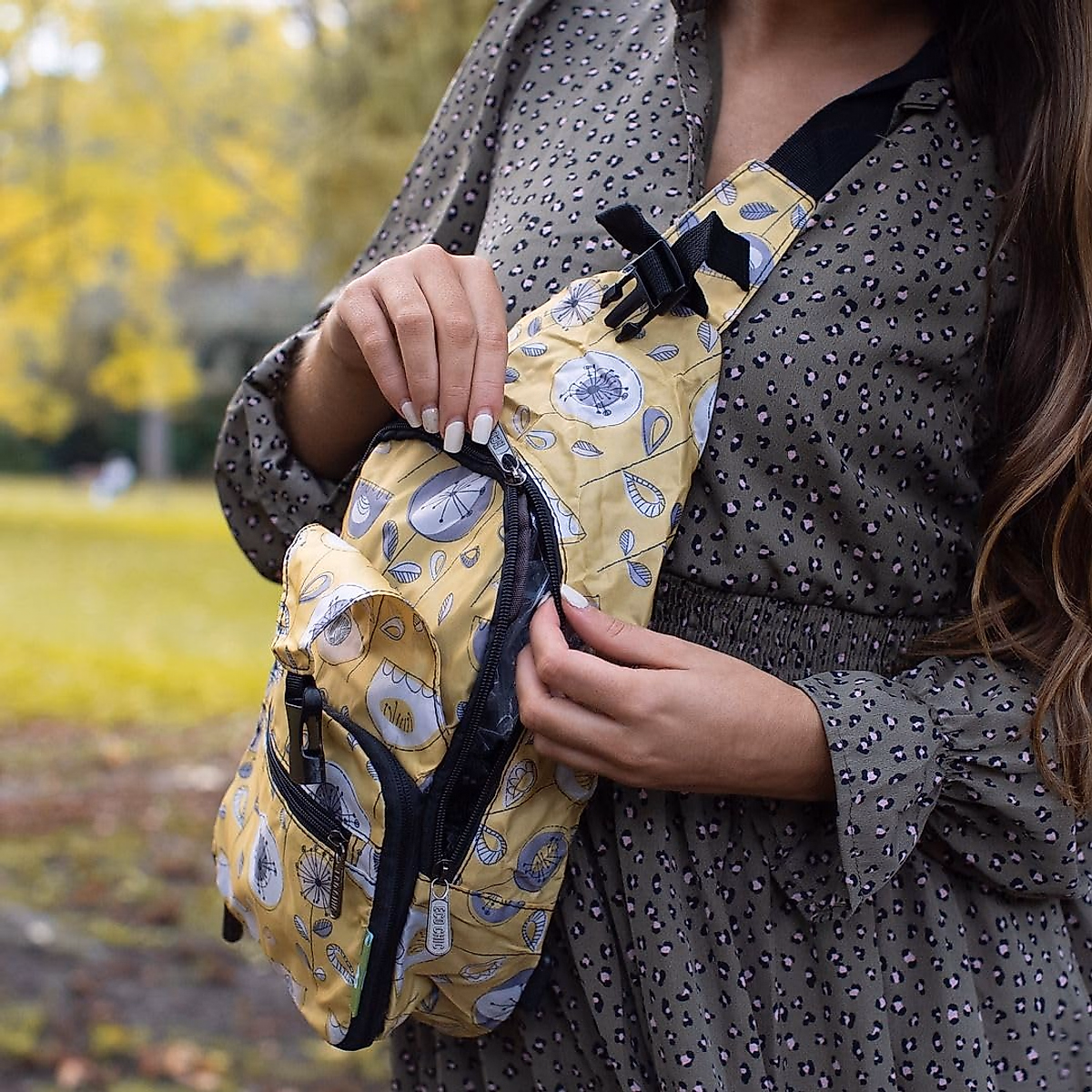 ECO CHIC Lightweight Foldable Crossbody Bag Recycled Plastic Shoulder Backpack Folds Into Pouch for Storage (Cute Sheep Green)