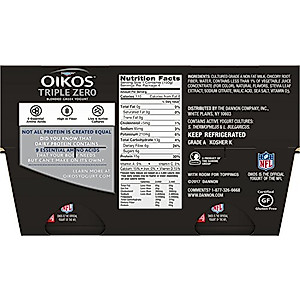 Oikos Triple Zero Strawberry Nonfat Greek Yogurt Pack, 0% Fat, Sugar Free and 0 Artificial Sweeteners, Just Delicious High Protein Yogurt, 4 Ct, 5.3 OZ Cups
