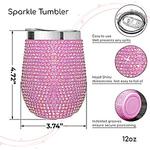 HappiGifts Sparkle Tumbler Collection, Glitter Bling Diamond Rhinestone Wine Tumbler, Stainless Steel Insulated Cup with Lid (Pink)