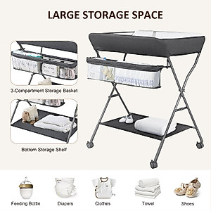 Baby Changing Table with Wheels, Maydolly Portable Adjustable Height Folding Diaper Station with Nursery Organizer & Storage Rack for Newborn Baby and Infant (Dark Grey)