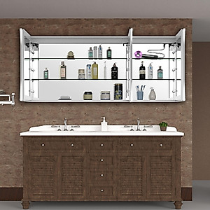 tunuo 60”W x 36”H Medicine Cabinets for Bathroom with Mirror, Surface Mounted LED Medicine Cabinets Mirror with Defogger, Dimmer, Outlets & USB, Three Doors