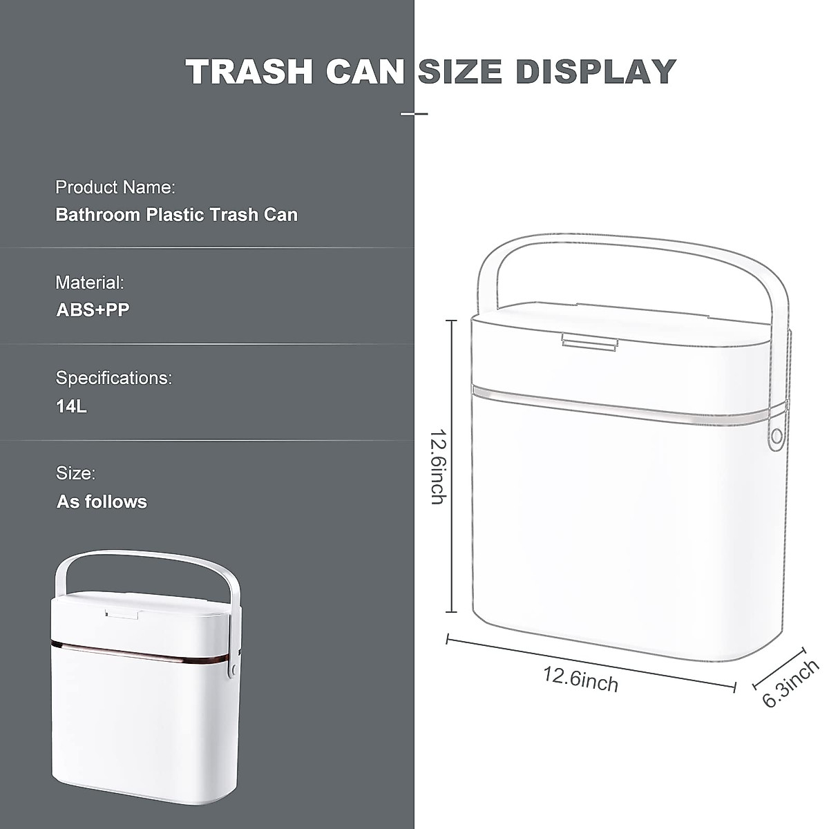 JUDRDO Small Bathroom Trash Can with Lid, Plastic Trash Can with Handle, 3.6 Gallon Bedroom Trash Can with Lid, Narrow Food Trash Can for Indoor, Bedroom, Office, RV, White