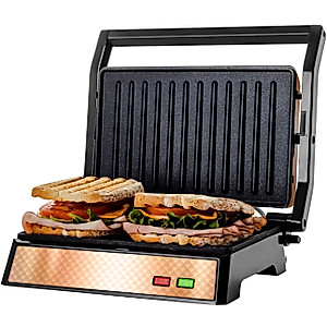 Ovente Electric Indoor Panini Press Grill with Non-Stick Cooking Plate, 1000W Thermostat Control and Removable Drip Tray for Easy Clean, Ideal 2-Slice Sandwich Maker for Breakfast, Copper GP0620CO