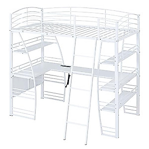 HABUHOME Twin Size Loft Bed with 4 Layers of Shelves and L-Shaped Desk, Stylish Metal Frame Bed with a Set of Sockets, USB Ports and and Wireless Charging, White