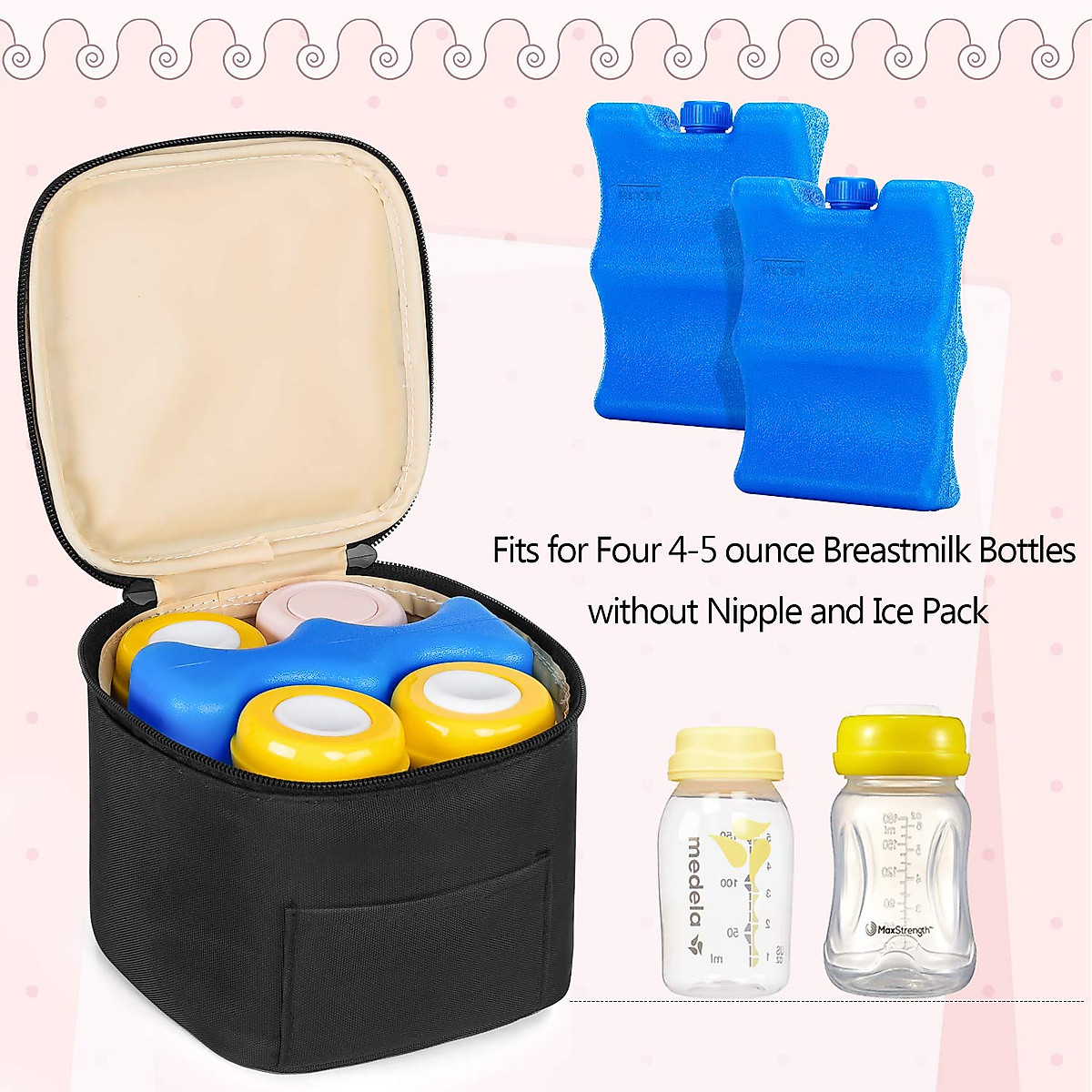 Teamoy Breastmilk Cooler Bag with Ice Pack, Baby Bottles Bag for up to 4 Large 5 Ounce Bottles Without Nipple, Perfect for Working Mom Mother, Black