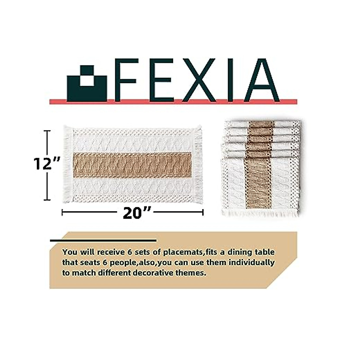 Fexia Boho Placemats Set of 6, Macrame Table Decor and Farmhouse Style Placemats Natural Cotton Burlap, for Dining Table Kitchen