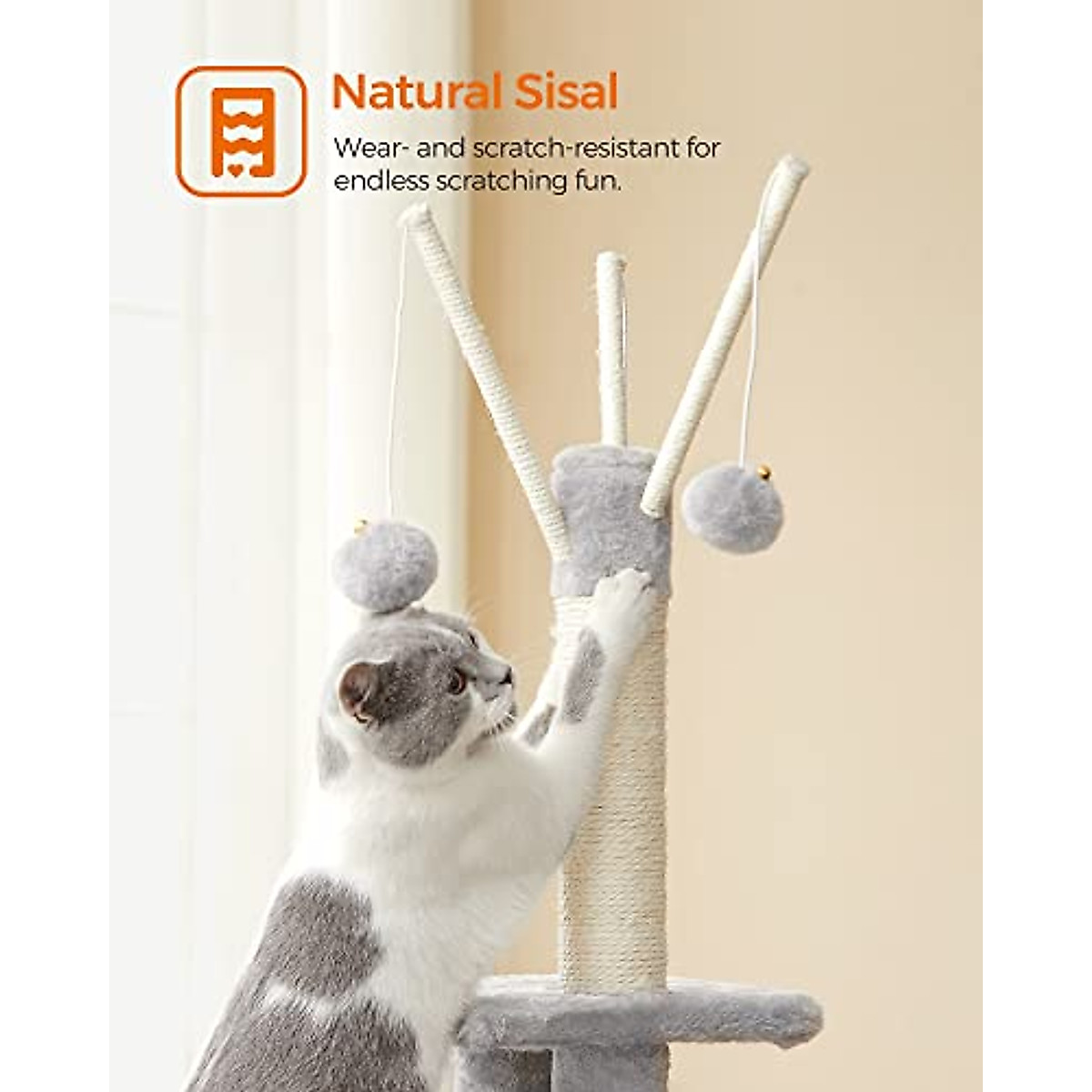 Feandrea Cat Tree, Small Cat Tower for Indoor Cats, Kittens, Multi-Level Plush Cat Condo, 16.5 x 12.6 x 46.5 Inches, Scratching Post, Ramp, 3 Removable Pompom Sticks, Cat Cave, Light Gray UPCT143W01