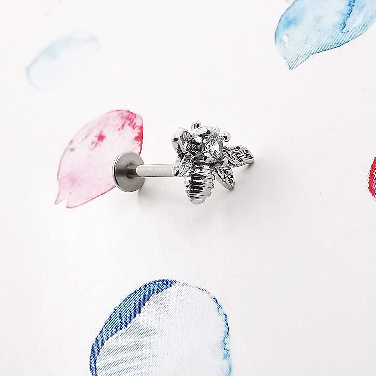 Excepro 16G 316L Surgical Stainless Steel Clear Cubic Zirconia Bee Shaped Labret Lip Ring Tragus 5/16" Cartilage Stud