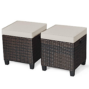 DORTALA 2 Piece Patio Wicker Ottomans, 2 in 1 Outdoor PE Rattan Side Table & Footstool Foot Rest with Cushions for Couch, Chair, Brown