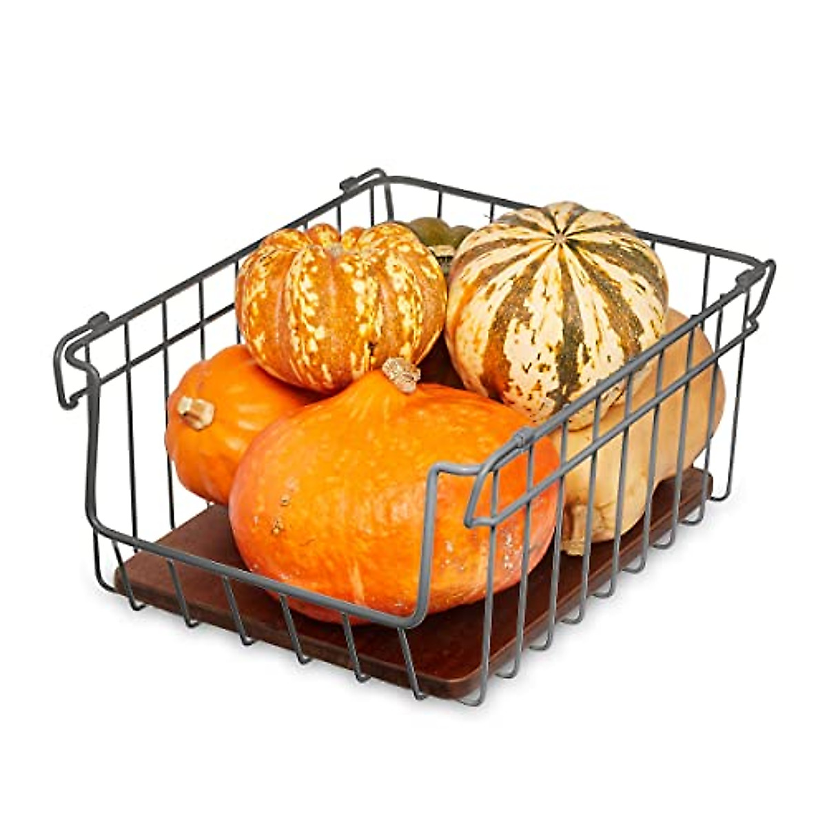 The Ría Safford Collection by iDesign Open Front Wire Basket with Acacia Wood, 14" x 10" x 6", Charcoal