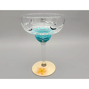 Beach Margarita Glass - Hand Painted - Sea, Waves, Seagulls, Starfish, Sea Turtle, Shell, Sand, Summer