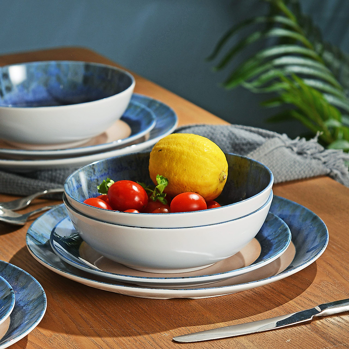 Blue Melamine Dinnerware Sets, Melamine Dishes Set for 4, 12PCS Plates and Bowls Sets,Unbreakable Dinnerware, Lightweight, Dishwasher Safe, BPA Free, Great for Outdoor Use, Gradient Color