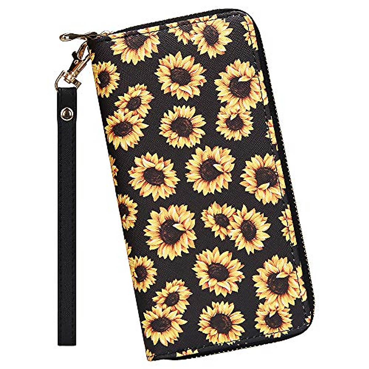 KUKOO Women’s Printed Zip Around Wallet Phone Clutch Purse Card Holder Organizer (Yellow -daisy-1)