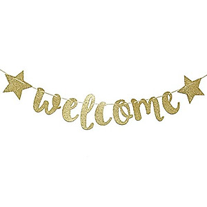 Welcome Little One Glitter Gold Banner, Baby Shower, Gender Reveal Party , Glitter Party Decor (Gold)