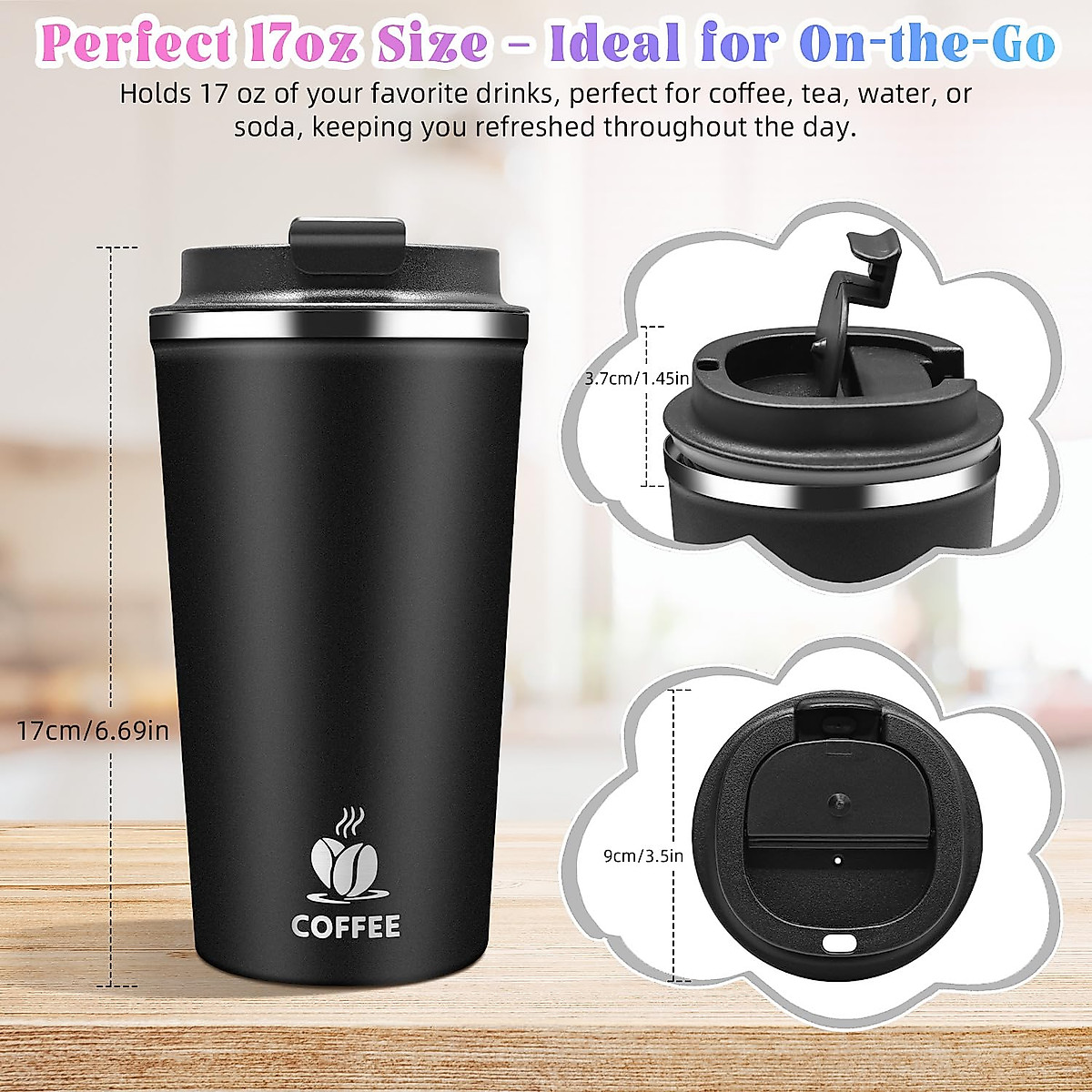 17oz Insulated Travel Coffee Mug with Flip Lid – Leakproof Stainless Steel Insulated Coffee Tumblers, Portable Thermos Cup for Hot & Cold Drinks, Perfect for Camping & On-the-Go