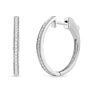 NATALIA DRAKE Small Push Button Clasp 1/4 Cttw Diamond Hoop Earrings for Women in Rhodium Plated 925 Sterling Silver