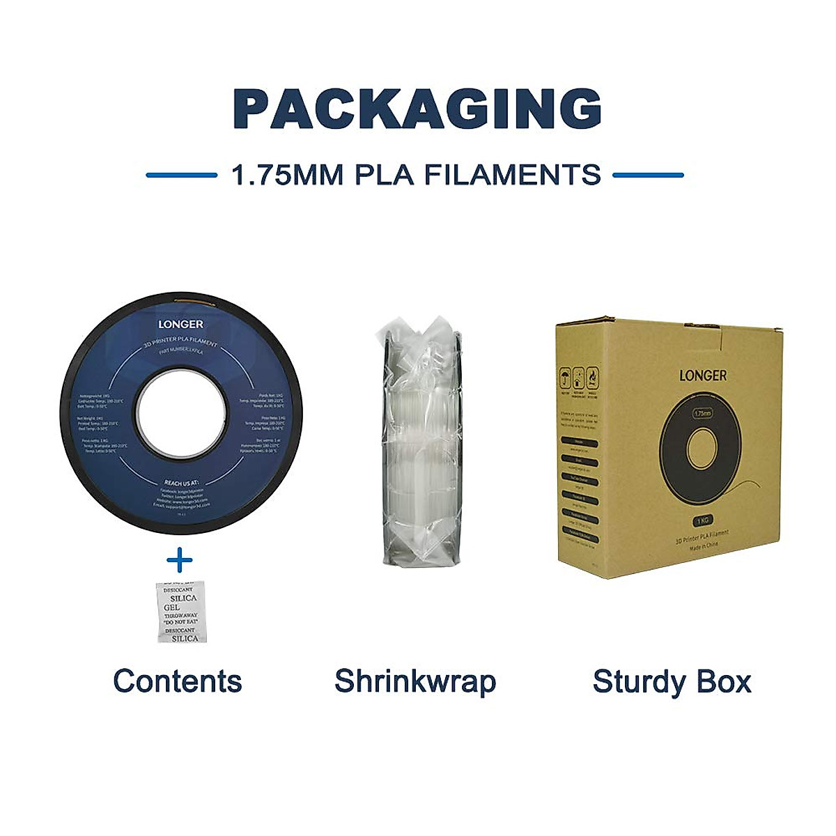 LONGER PLA 3D Printer Filament 1.75mm, Dimensional Accuracy +/- 0.02 mm, No Tangle, Environmental Friendly, Widely Compatibility (Grey, 1KG)